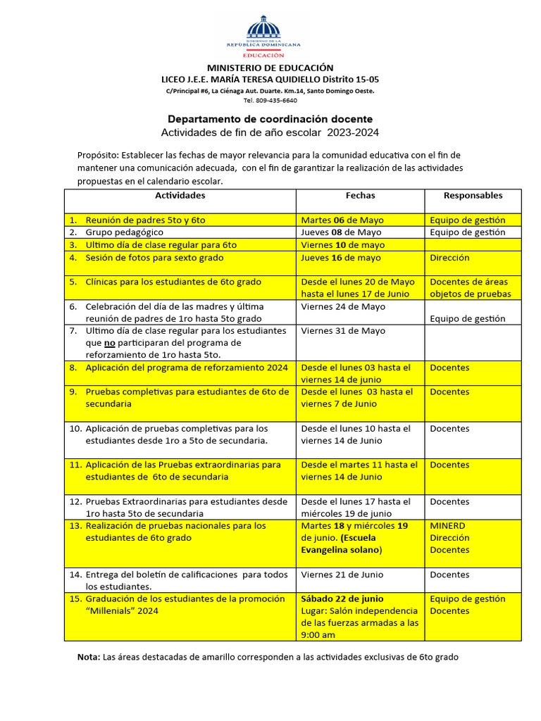 Actividades Fin de Año Escolar 2023-2024 | PDF