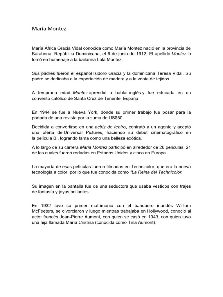 Biografía de María Montez: Vida y Legado | PDF