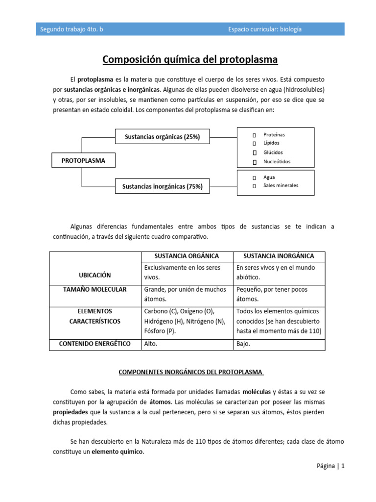 2do. Trabajo de 4to Composición Química Del Protoplasma | PDF ...