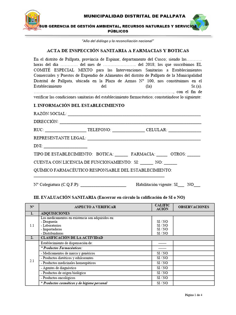 Acta de Inspección Sanitaria A Farmacias y Boticas | PDF | Farmacia | Farmacéutico