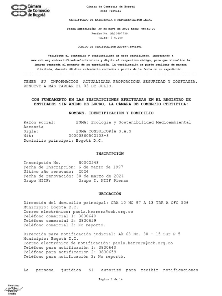 Certificado de Existencia y Representación Legal CCB ESMA | PDF | Corporaciones | Junta Directiva