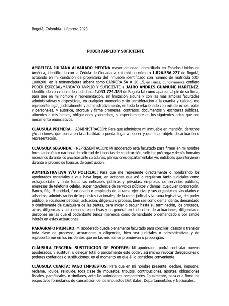 Poder Amplio y Suficiente Notarial | PDF | Documento de identidad | Bogotá