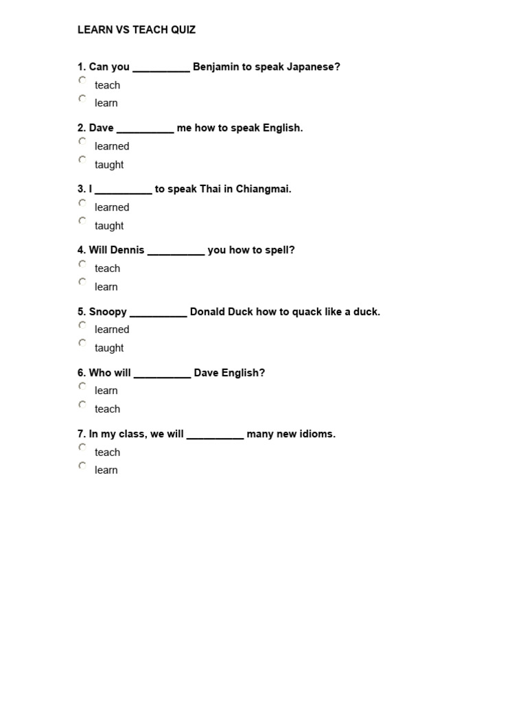 Learn vs Teach Quiz Questions | PDF