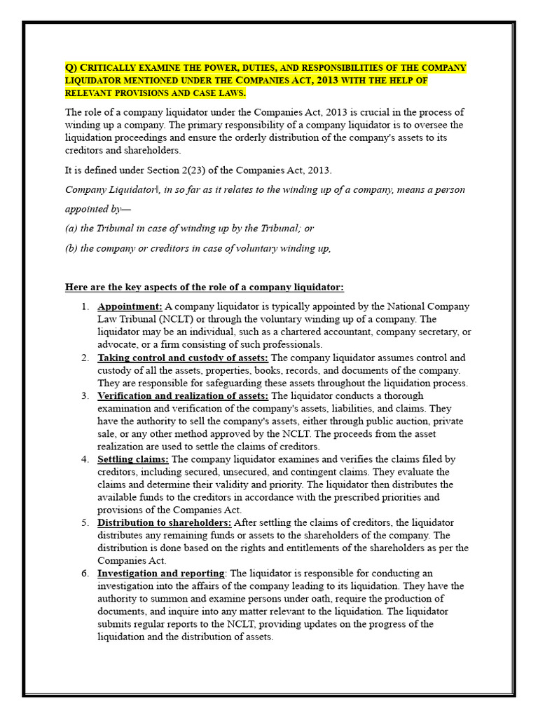 Liquidators - Role, Powers and Responsibilties | PDF | Liquidation ...