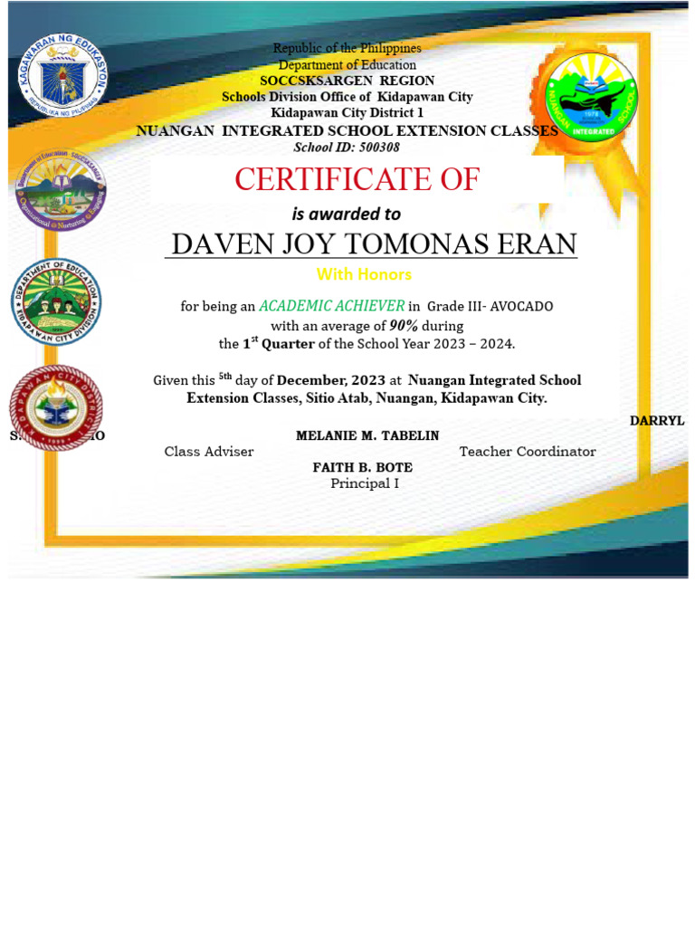ACHIEVERS CERTIFICATE 23 24 Quarterly | PDF