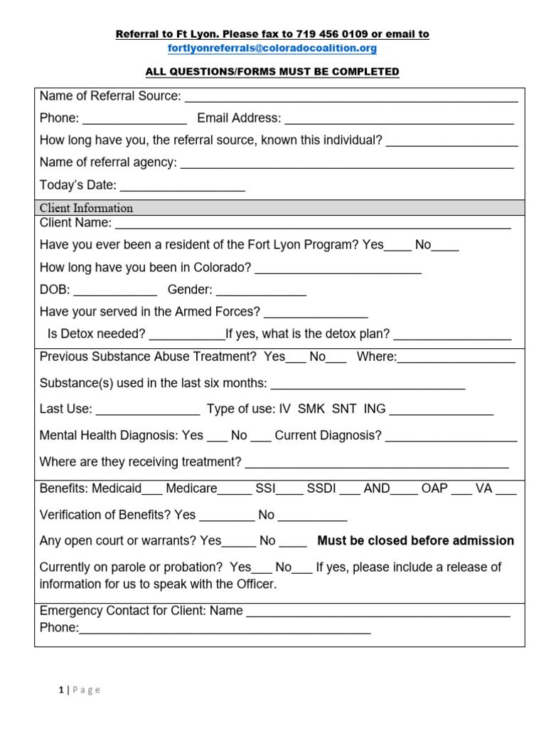 Fort Lyon Referral Application - 2021 | PDF | Drugs | Substance Abuse