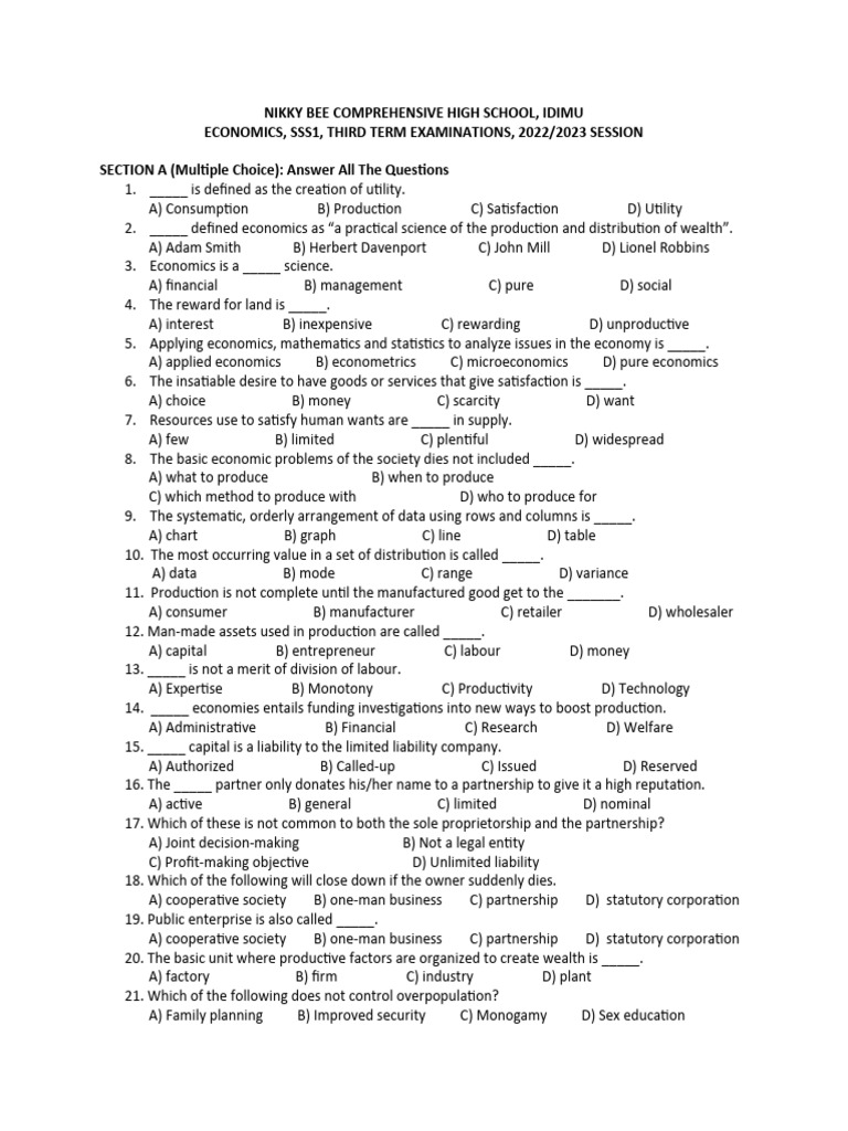 SSS1 Economics Examination, 3rd Term, 2022-2023 SESSION. | PDF | Economics | Banks
