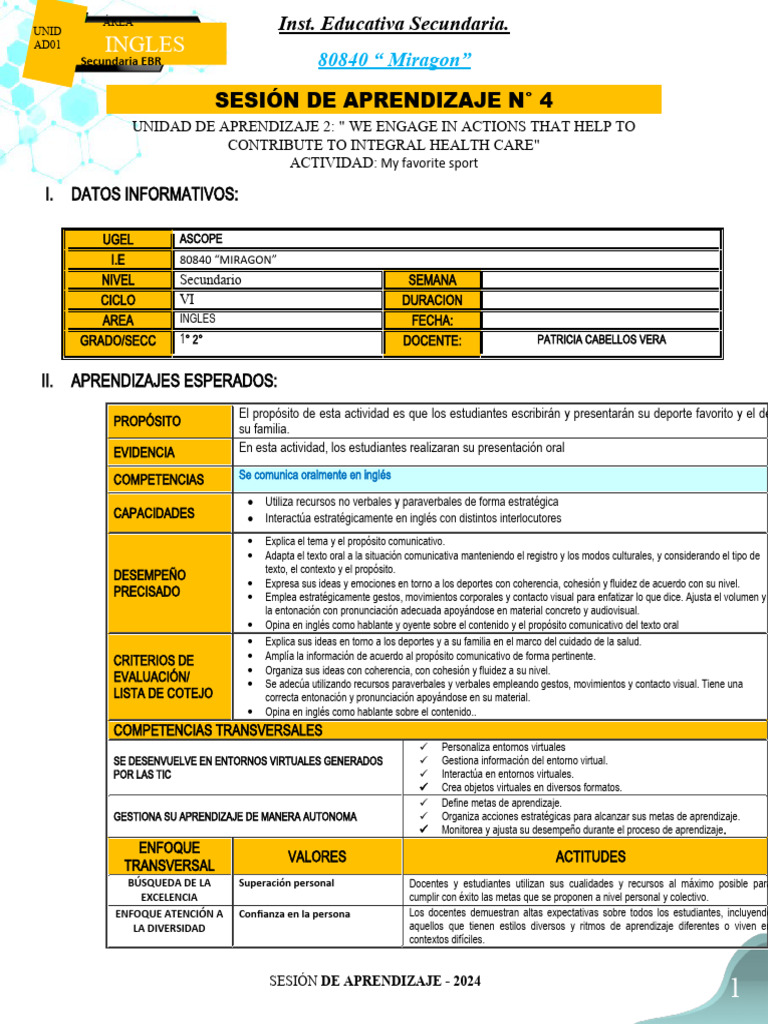 1° 2°-Ses Act 04-Inlgles-U2222 | PDF | Aprendizaje | Evaluación