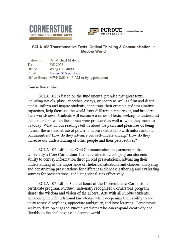 Syllabus SCLA 102 Fall 2023 | PDF | Academic Dishonesty