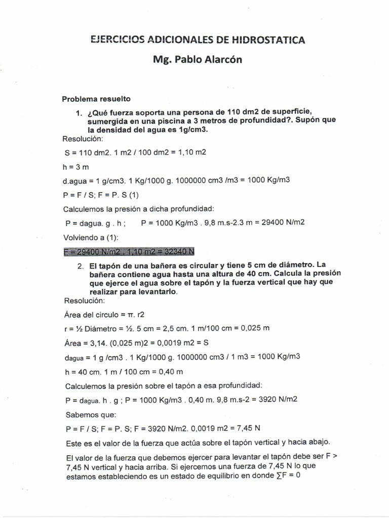 Ejercicios Adicionales Hidrostatica | PDF