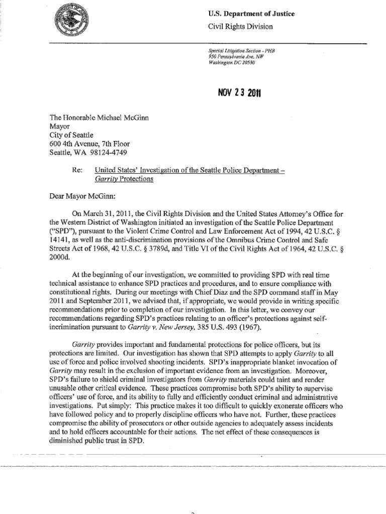 DOJ SPD Letter | Fifth Amendment To The United States Constitution ...