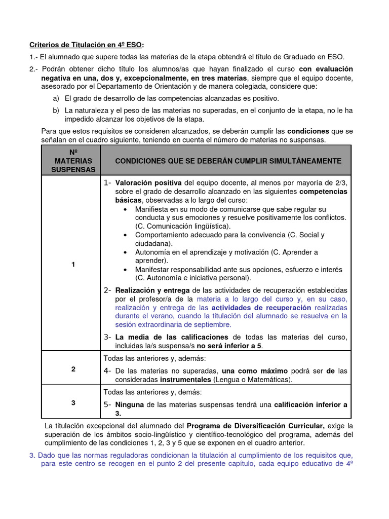 Titulacion de 4 ESO Revision de Criterios | PDF | Maestros | Evaluación
