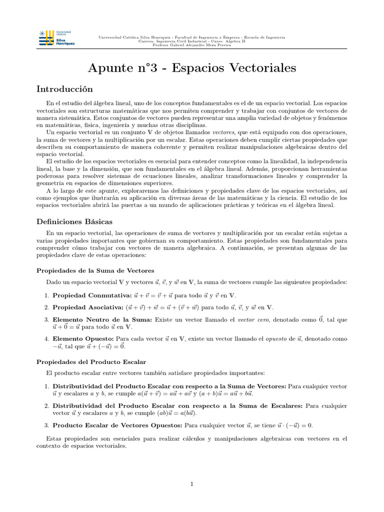 Ici201 álgebra Ii Apunte 3 Espacios Vectoriales Pdf Espacio