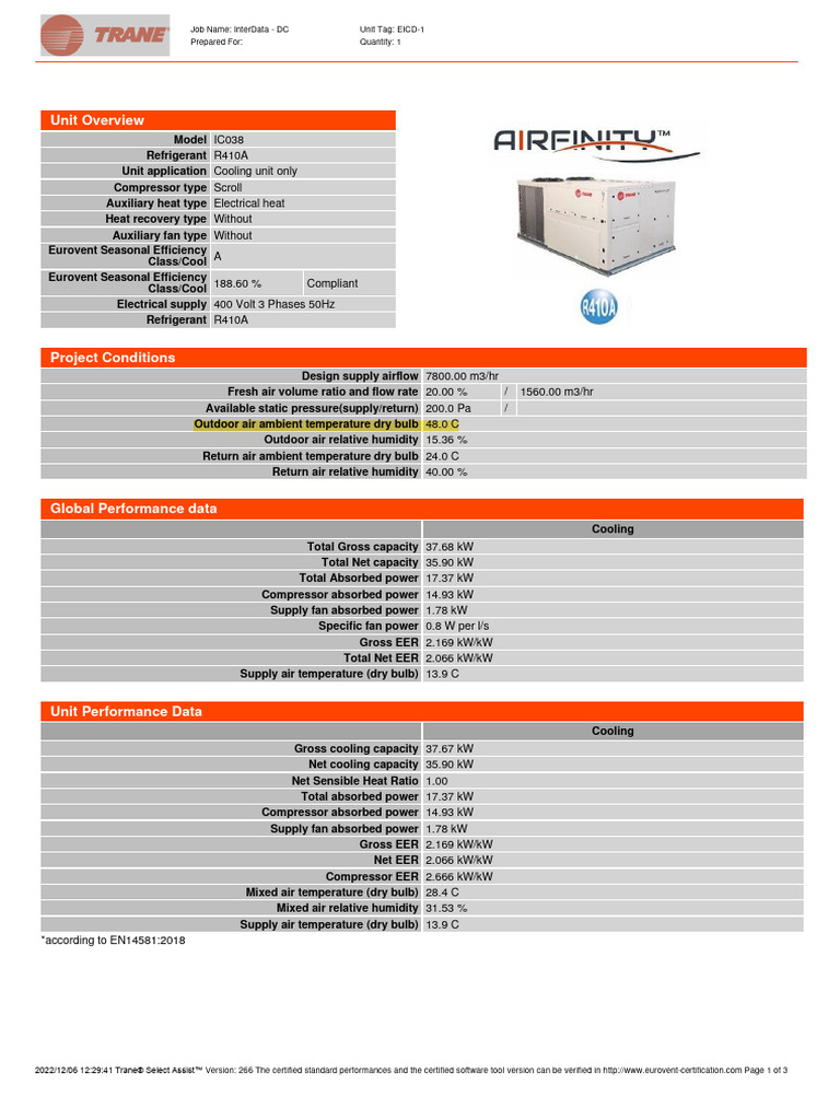 CRAC Data Sheet 35.9 KW - TRANE | PDF | Decibel | Air Conditioning