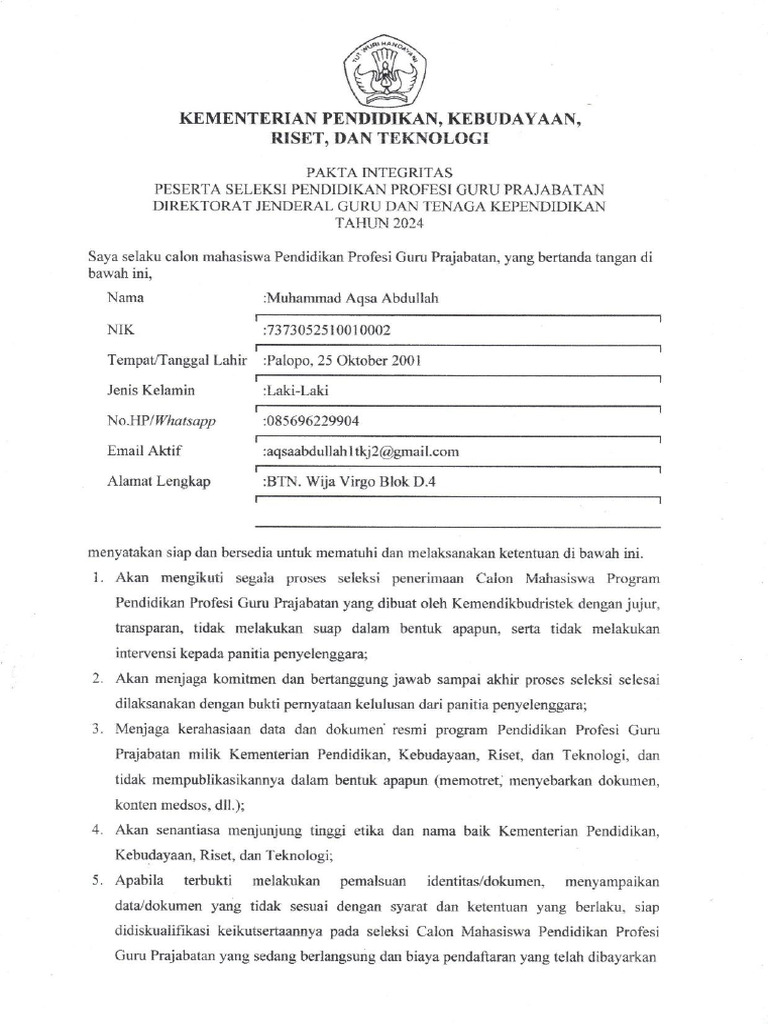 Pakta Integritas (Muhammad Aqsa Abdullah) - 111650 | PDF Pakta Integritas (Muhammad Aqsa Abdullah) - 111650 | PDF
