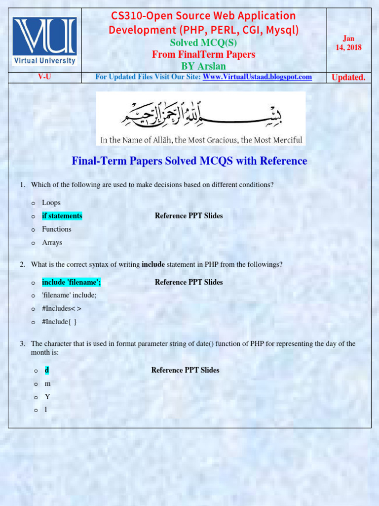 CS310 FinalTerm MCQs With Reference Solved by Arslan | PDF | Php ... CS310 FinalTerm MCQs With Reference Solved by Arslan | PDF | Php ...