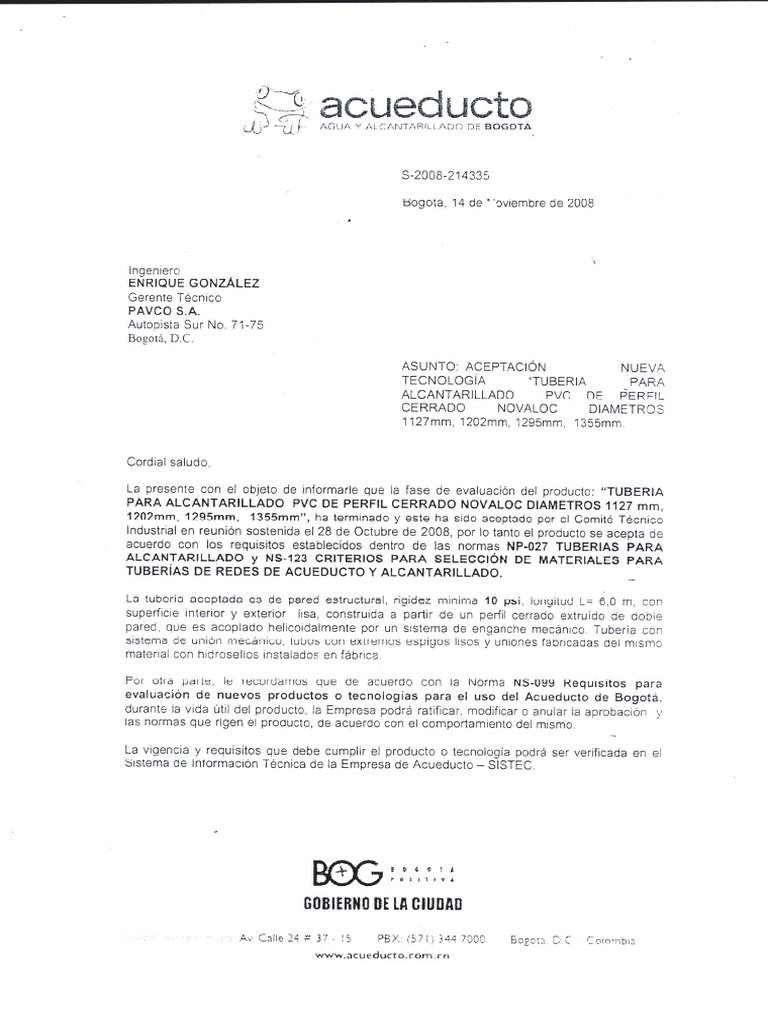 Certificaci N Tuber°a Novaloc Gran Di Metro E.A.A.B. | PDF