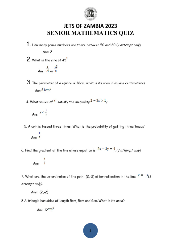 Senior Maths Jets Quiz - 2023 | PDF | Circle | Elementary Mathematics