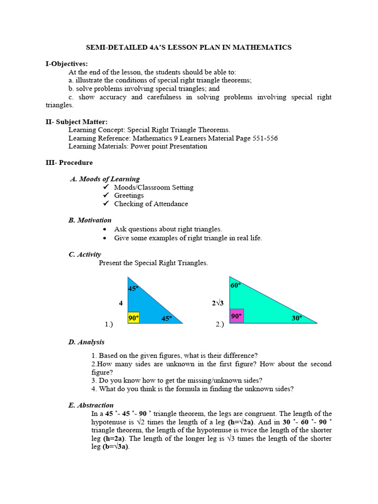 Special Right Triangles Lesson | PDF | Triangle | Mathematics