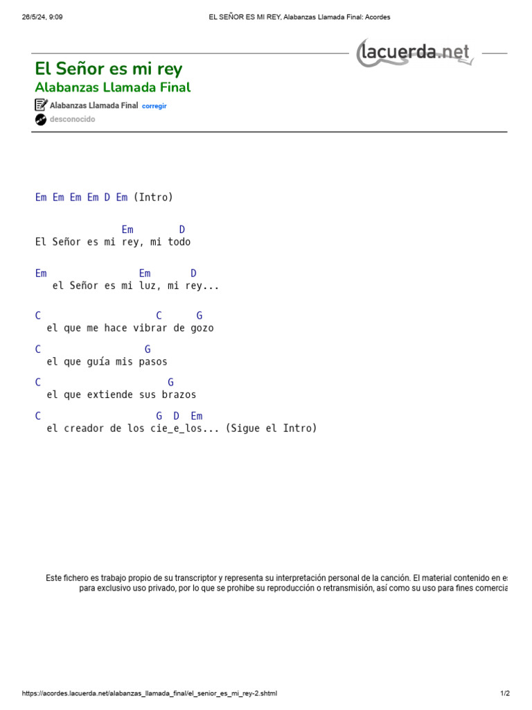 Acordes de "El Señor es mi Rey" | PDF