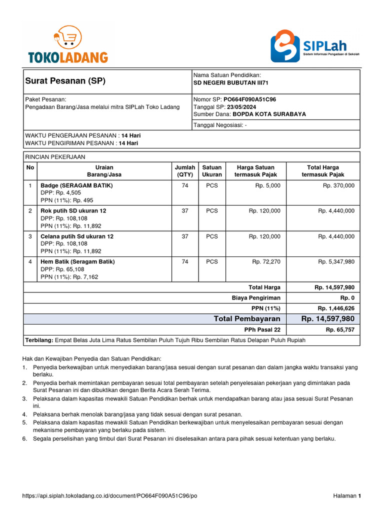 Surat Pesanan SD Negeri Bubutan III | PDF