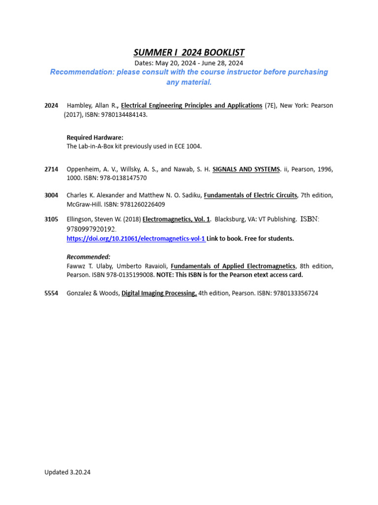 SUMMER 2024 Textbook List | PDF | Computing | Engineering
