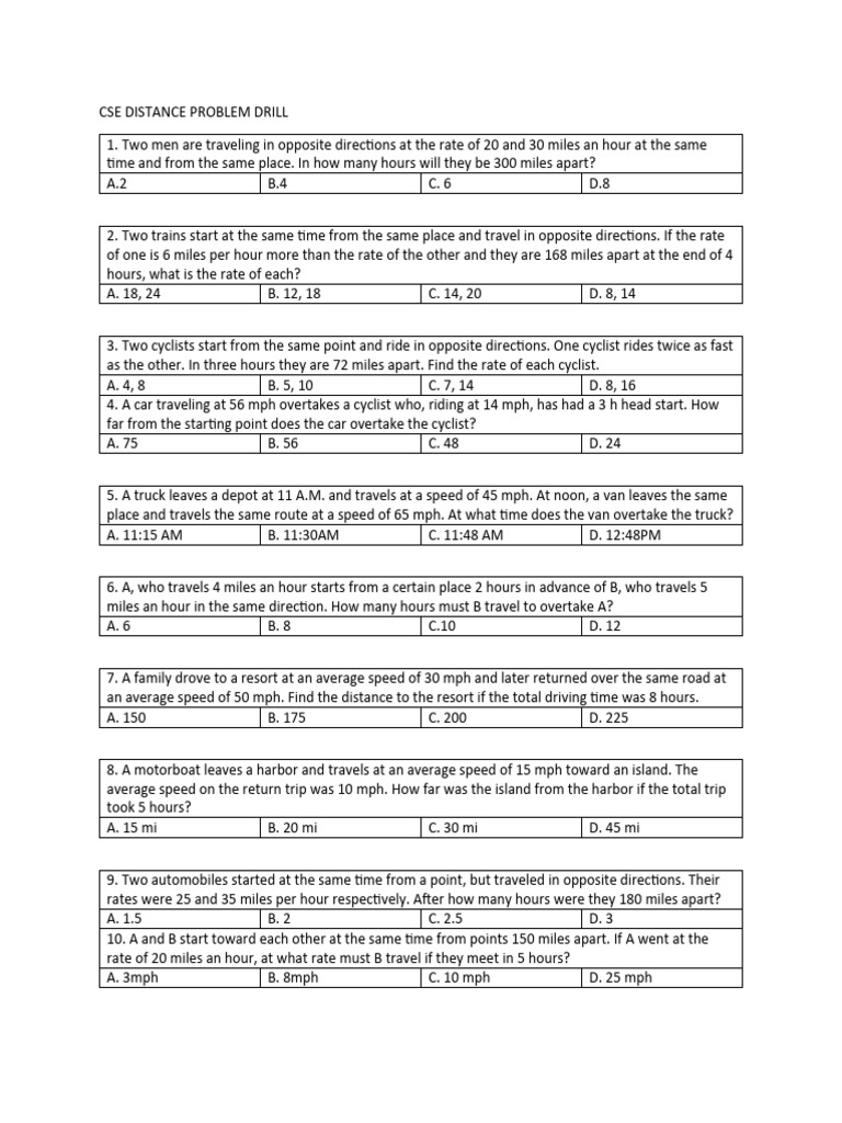 Cse Distance Problem Drill | PDF | Speed | Transport