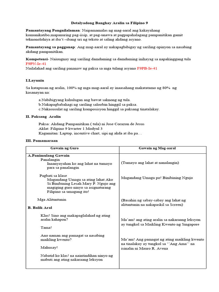 Detalyadong Banghay Aralin Sa Filipino 9 Lesah Demo 2023 | PDF