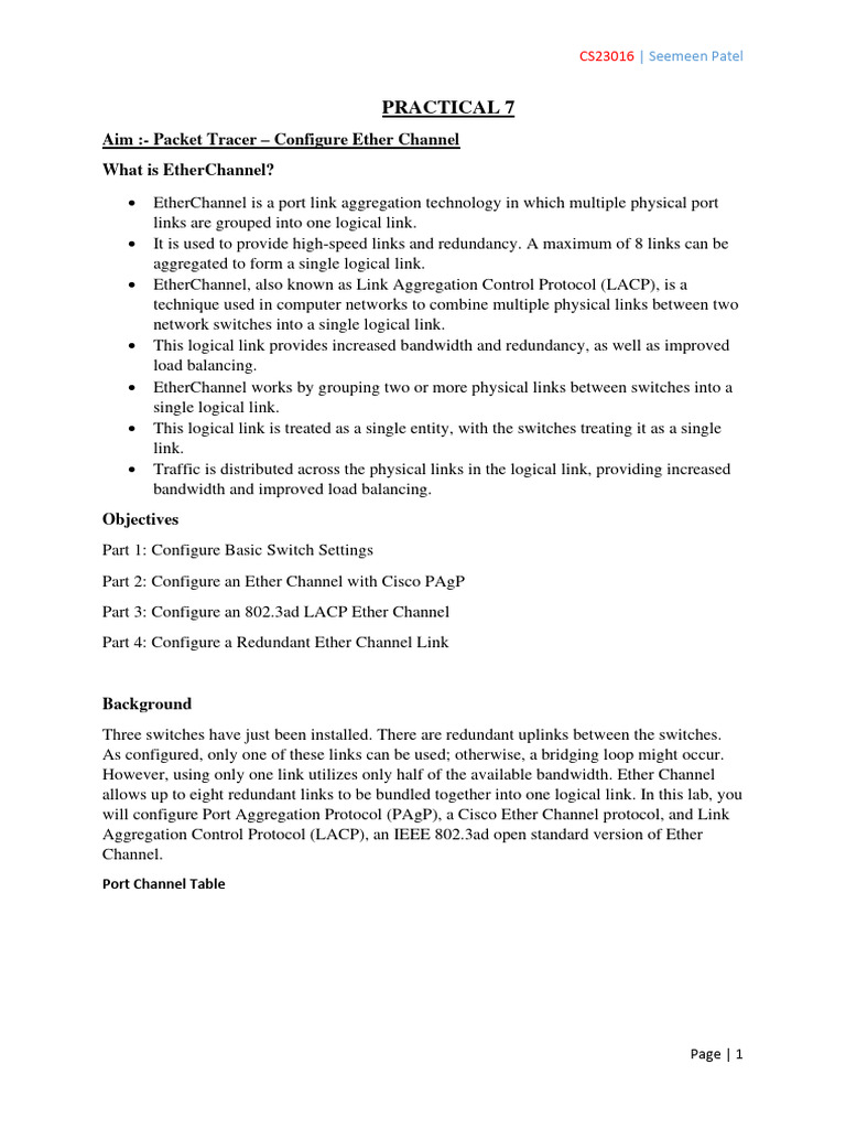 P7 EtherChanel (Seemeen Patel-CS23016) | PDF | Network Switch | Data ...