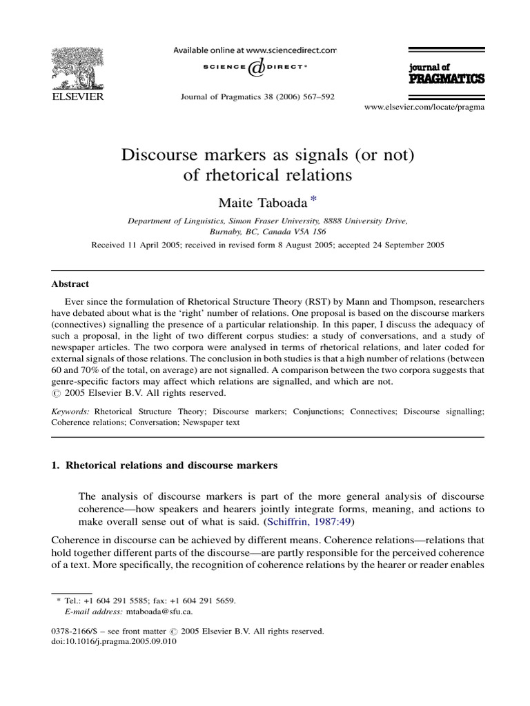 Discourse Markers as Signals (or Not) of Rhetorical Relations | PDF ... Discourse Markers as Signals (or Not) of Rhetorical Relations | PDF ...