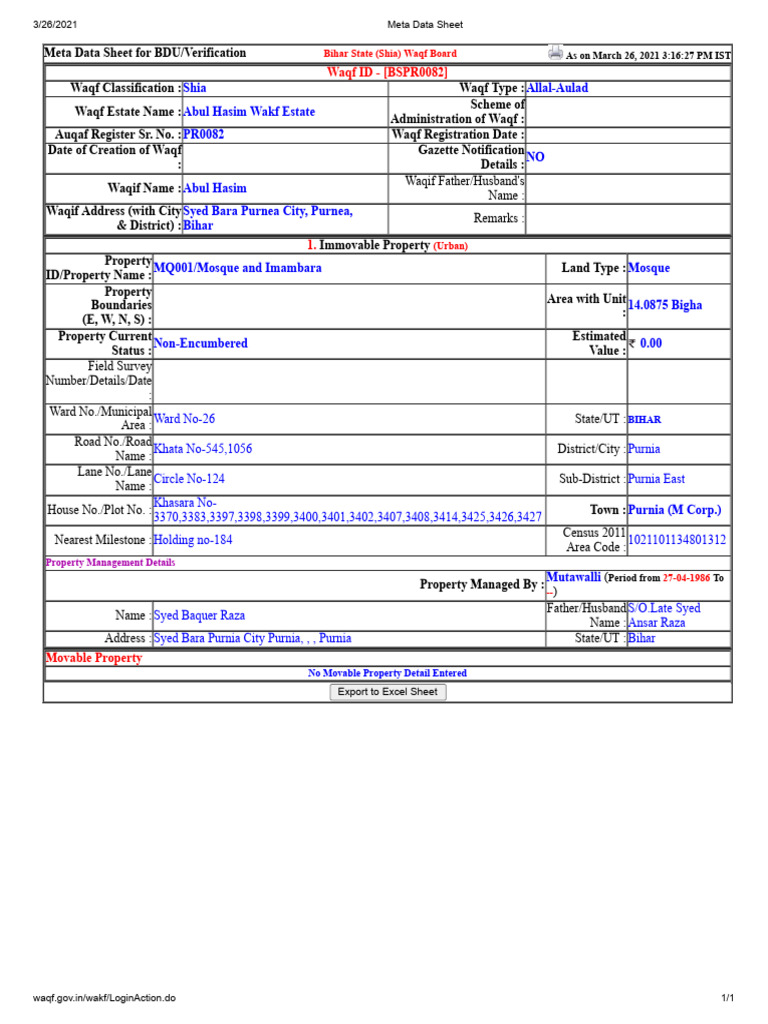 Bihar Shia Waqf Metadata Sheet | PDF | Law And Economics | Common Law