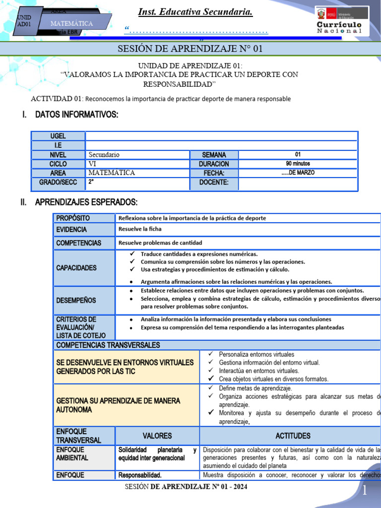 Ses 1 Mat 2° Unid 01 | PDF | Aprendizaje | Evaluación