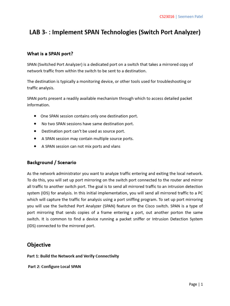 P3 - SPAN (Seemeen Patel-CS23016) | PDF | Network Switch | Computer Network