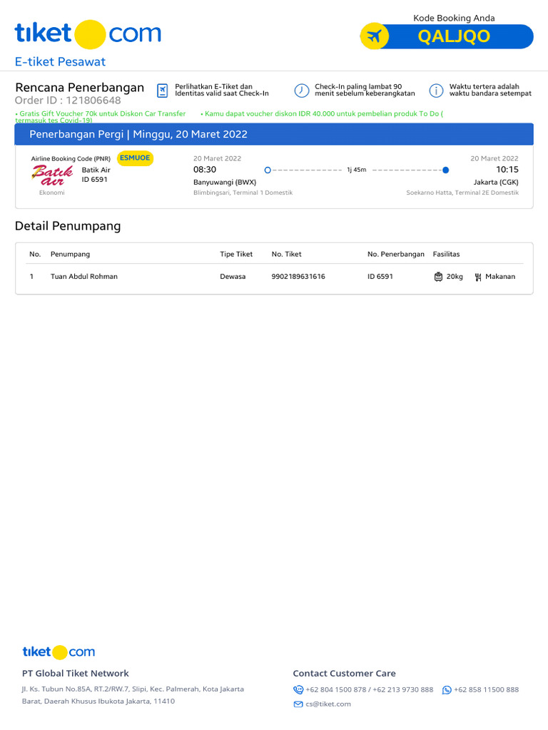 E-Tiket Batik Air BWX-CGK | PDF