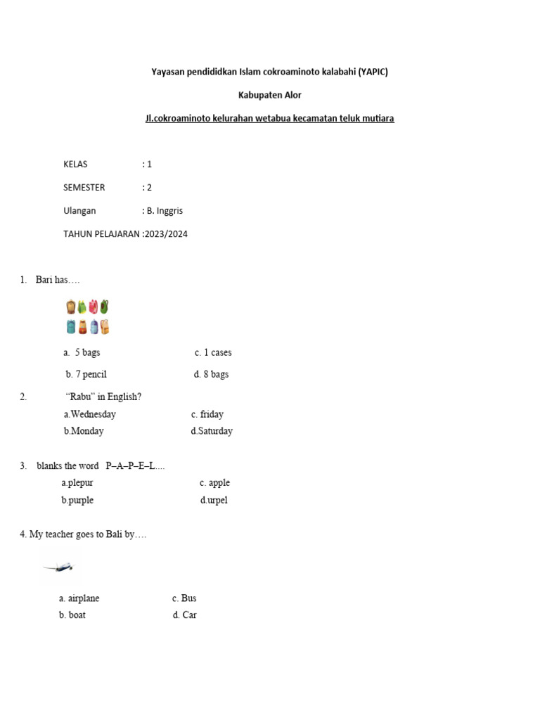 Uts Class 1 Soal Inggris-1 | PDF
