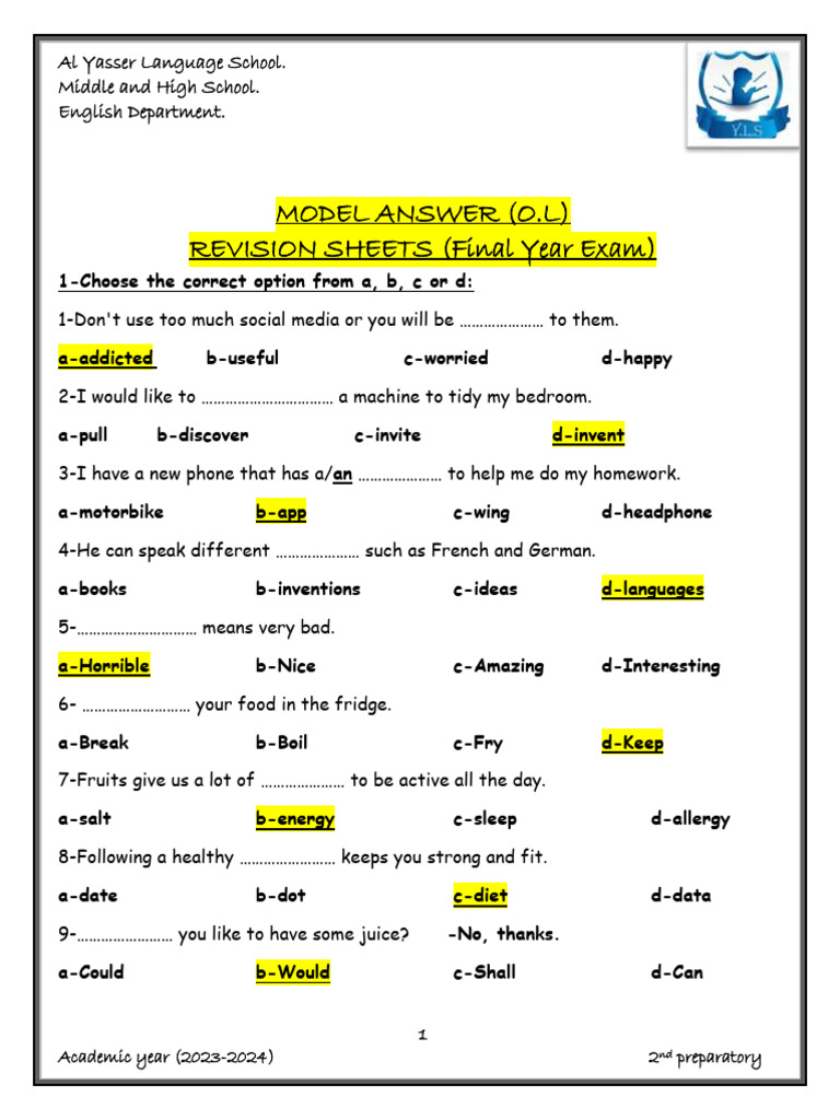 O.L MODEL ANSWER GR. (8) Revision Sheets Final Exam | PDF