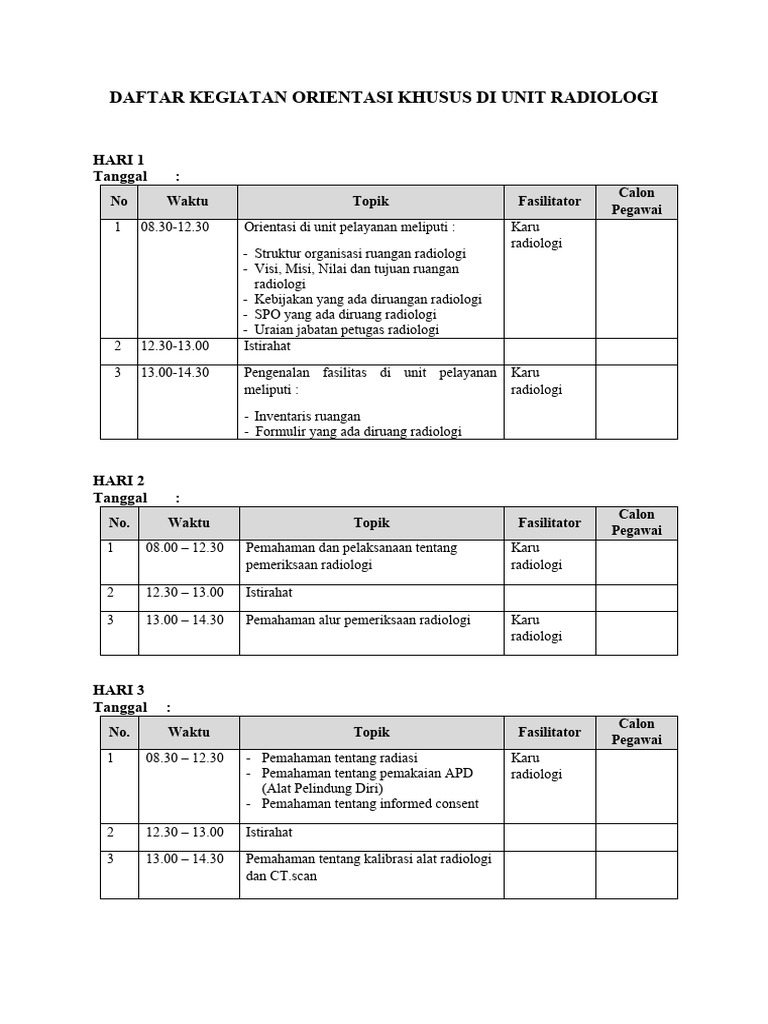 Daftar Kegiatan Orientasi Khusus Di Unit Radiologi | PDF