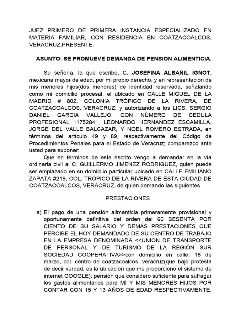 Escrito Ejemplo 1 Demanda De Pension Alimenticia Con Divorcio Pdf