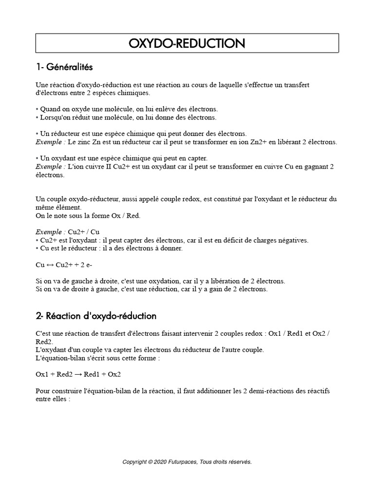 Chimie - Oxydo-Réduction | PDF | Réaction d'oxydoréduction | Physique appliquée et ...