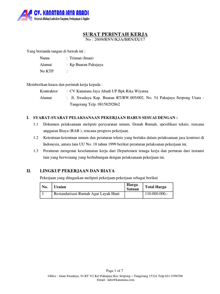 Draft SPK Renovasi Buaran Pakujaya | PDF