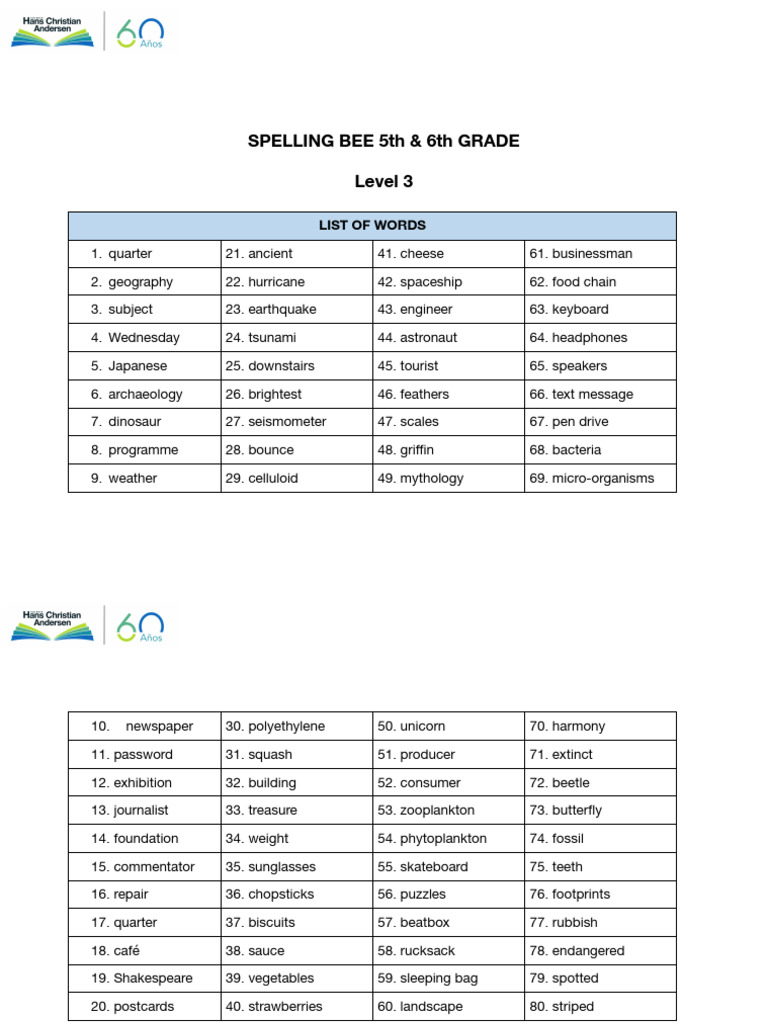 Spelling Bee List of Words - 5th and 6th Grade Level 3 | Download Free ...