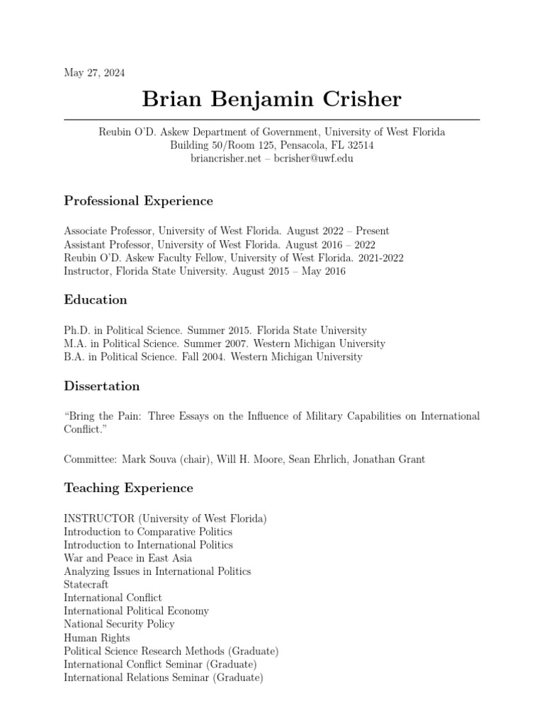 crisher brian cv 2024 | PDF | Political Science | Academic Journal