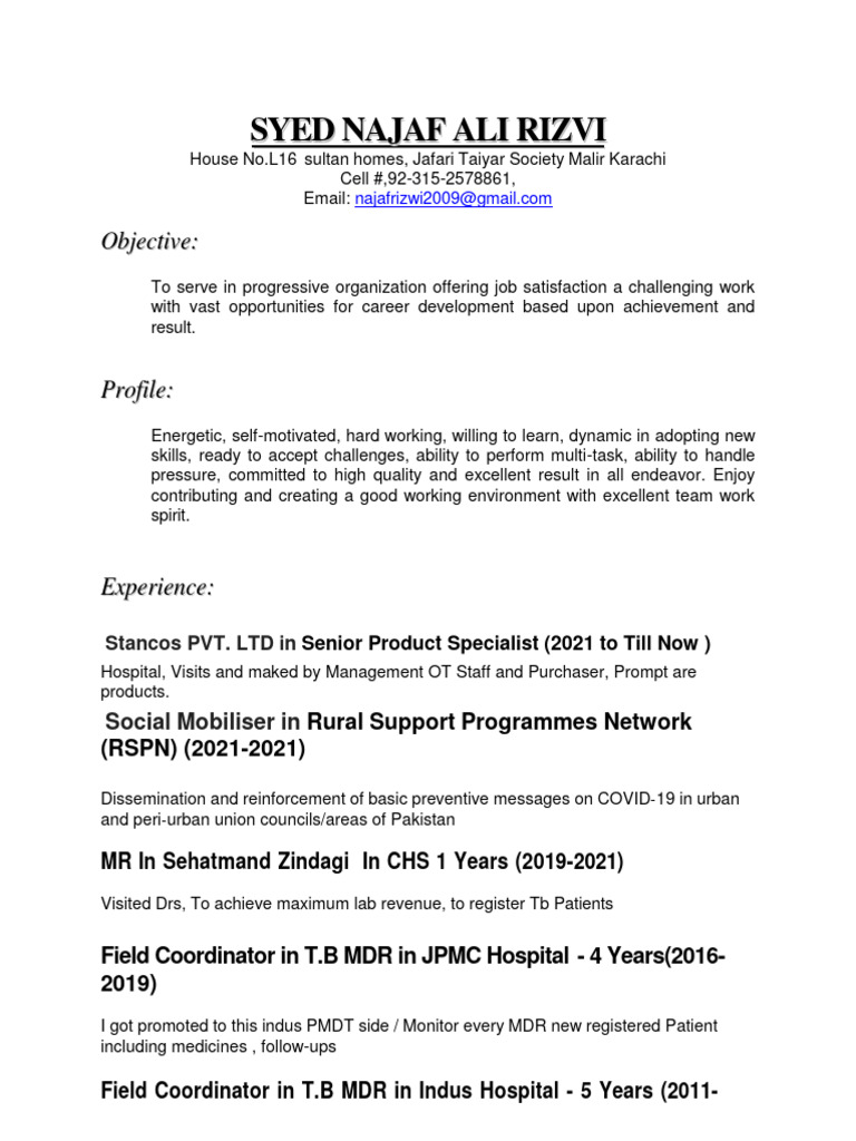 CV - Syed Najaf Ali Rizvi | PDF | Health Care | Medicine