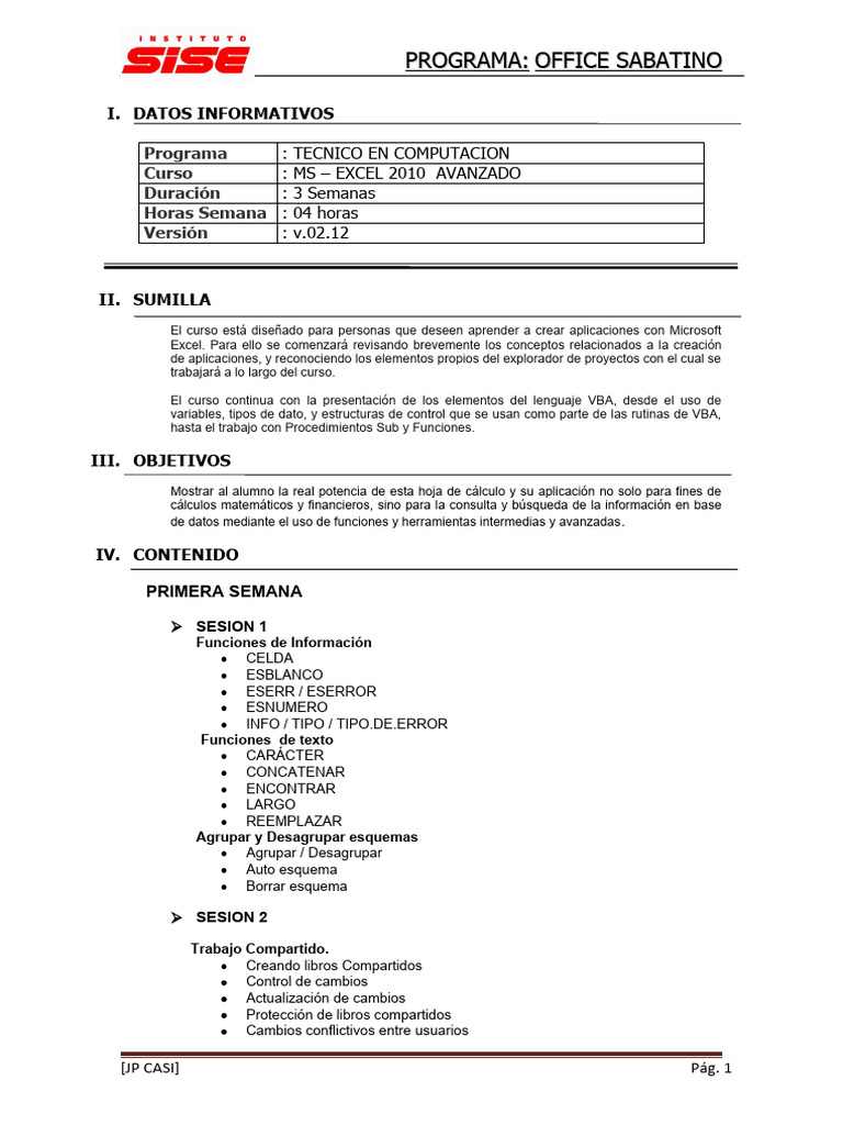 SILABUS Ms-Excel 2010 Avanzado | PDF | Microsoft Excel | Macro (informática)