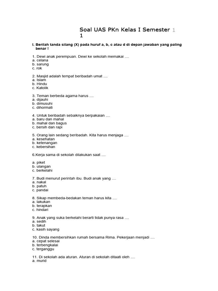 Soal UAS PKN Kelas 1 Semester 1 | PDF | Griya & Taman