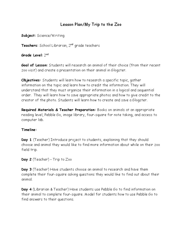 Lesson Plan Visit To Zoo | PDF