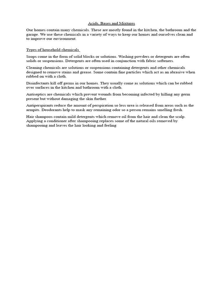 Household Acids, Bases, and Cleaning Solutions | PDF | Detergent | Acid