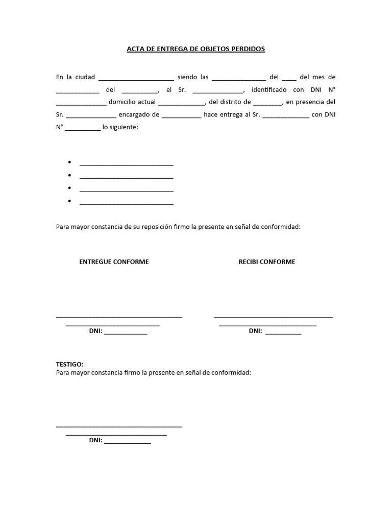 Acta de Entrega de Objetos Perdidos | PDF