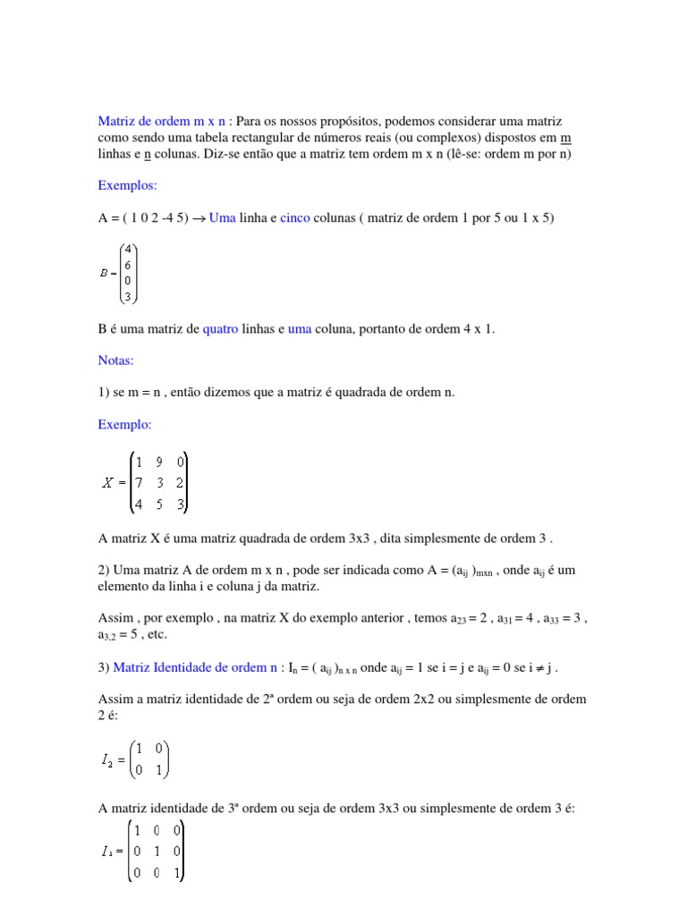 Matrizes: conceitos básicos, operações e propriedades | PDF ...