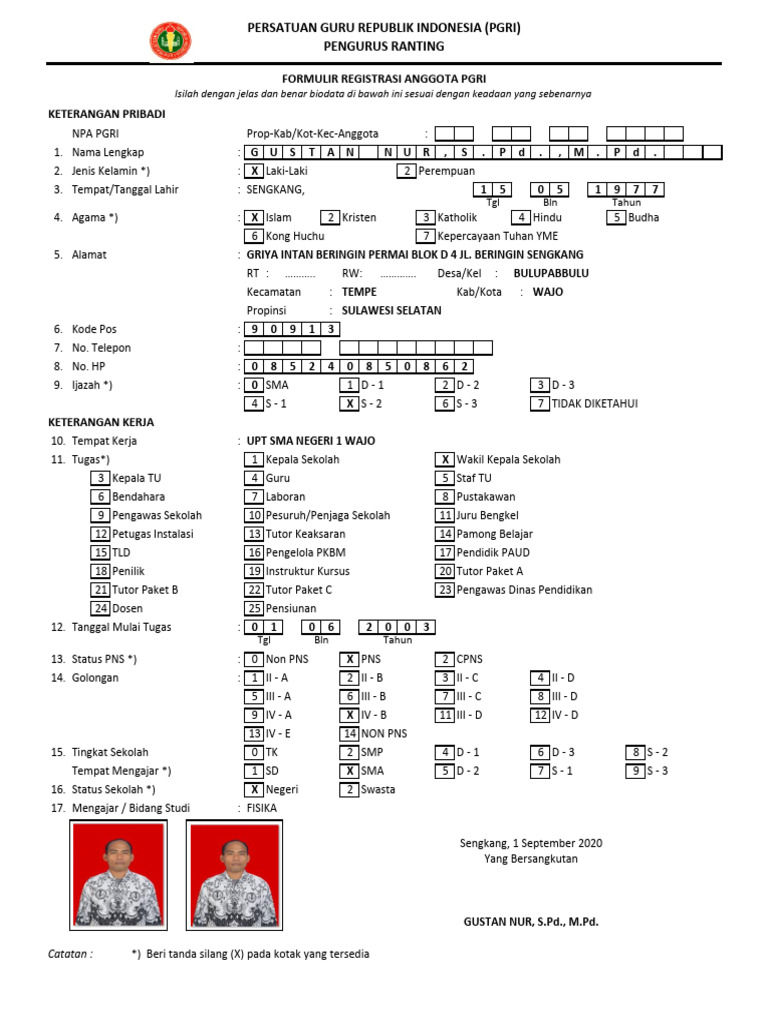 Formulir Registrasi Anggota PGRI | PDF